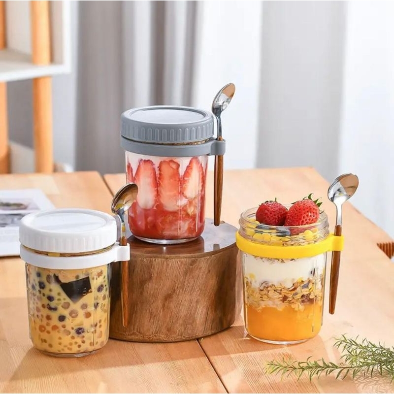Jual Wadah Sarapan Kaca Dengan Sendok / Wadah Salad, Overnight Oat ...