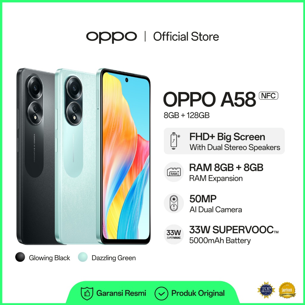 Jual OPPO A58 NFC 8GB/128GB [8GB+8GB RAM Expansion, 5000mAh SUPERVOOC 33W, FHD+ Big Screen ...