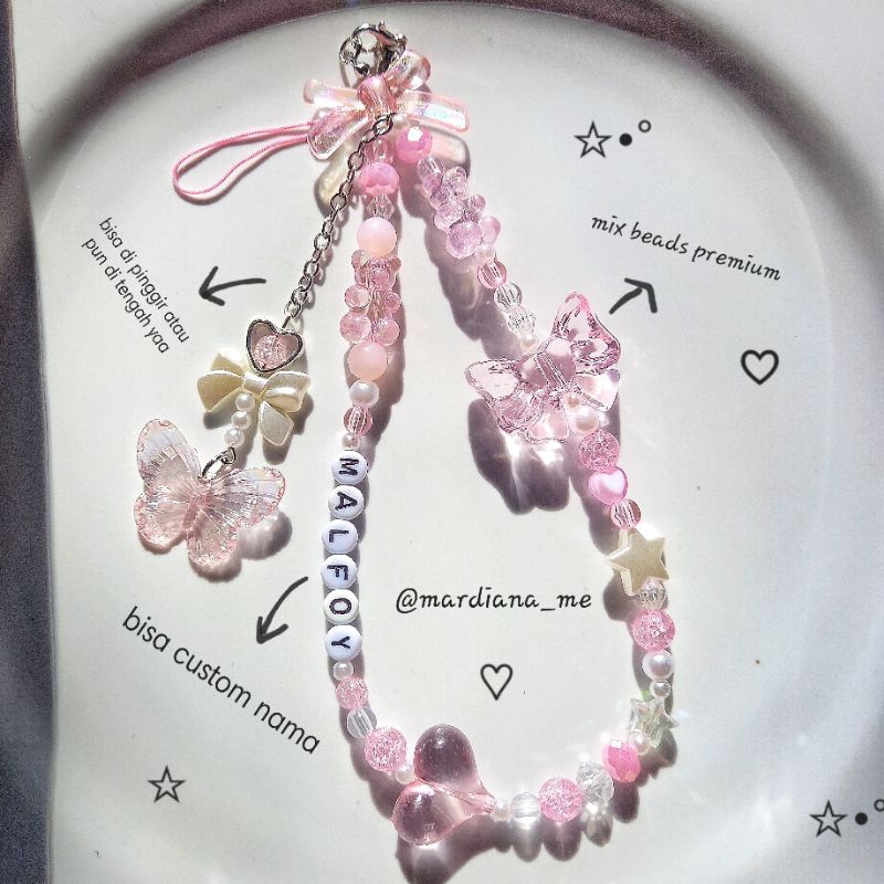 Jual rounded phone strap pink CUSTOM NAMA BEBAS mix beads premium/phone ...