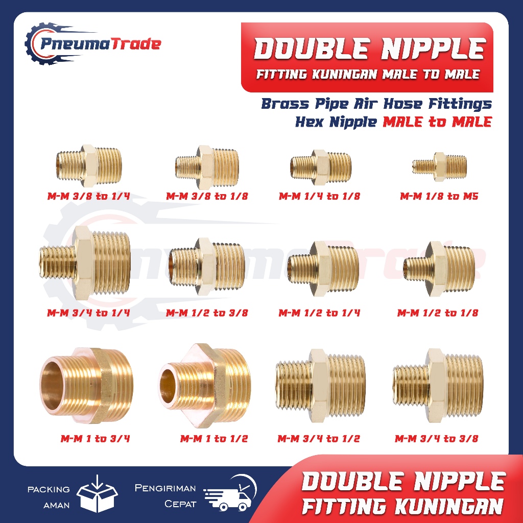 Jual Double Nepel Kuningan Drat kombinasi 1/2" 1/8" 1/4 3/8 3/4 MALE TO MALE | Shopee Indonesia