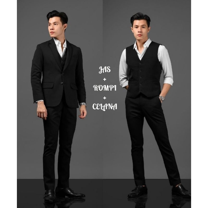 Jual Dvandra.id Setelan Jas 3 in1 Jas Rompi Dan Celana slimfit Set jas hitam Jas Formal | Shopee ...