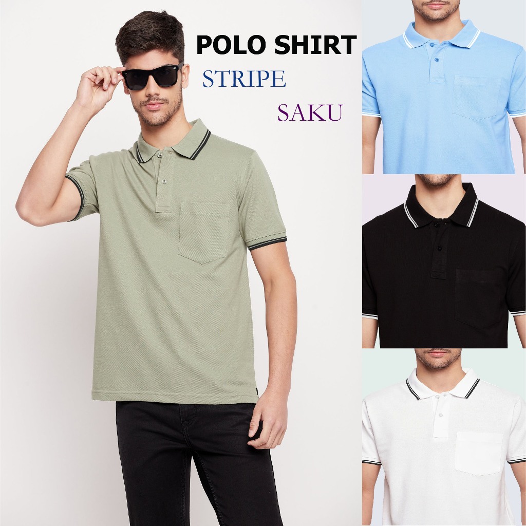 Jual E39 - Polo Shirt Pria Saku Polos | Kaos Kerah Stripe List Pocket ...