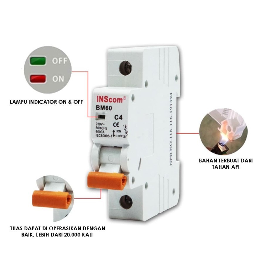 Jual MCB LISTRIK INSCOM 1P 32A 40A / MINI CIRCUIT BREAKER 1 PHASE BM60 INSCOM | Shopee Indonesia
