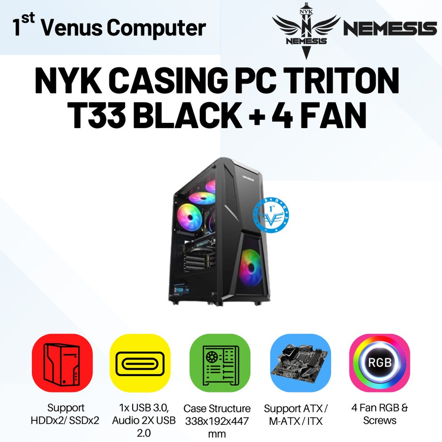 Jual Casing PC NYK Nemesis TRITON T33 Black + 4 Fan / CASE13-NYK | Shopee Indonesia