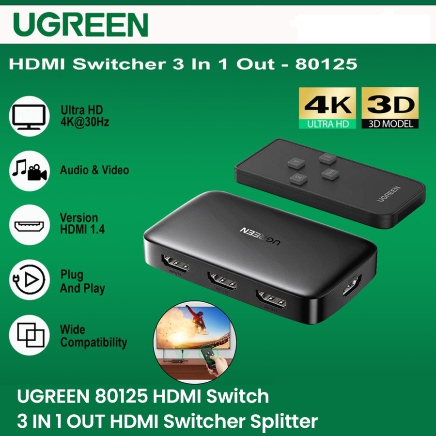 Jual UGREEN HDMI Splitter 3 Input 1 Output 4K HD + Remote 80125 ...