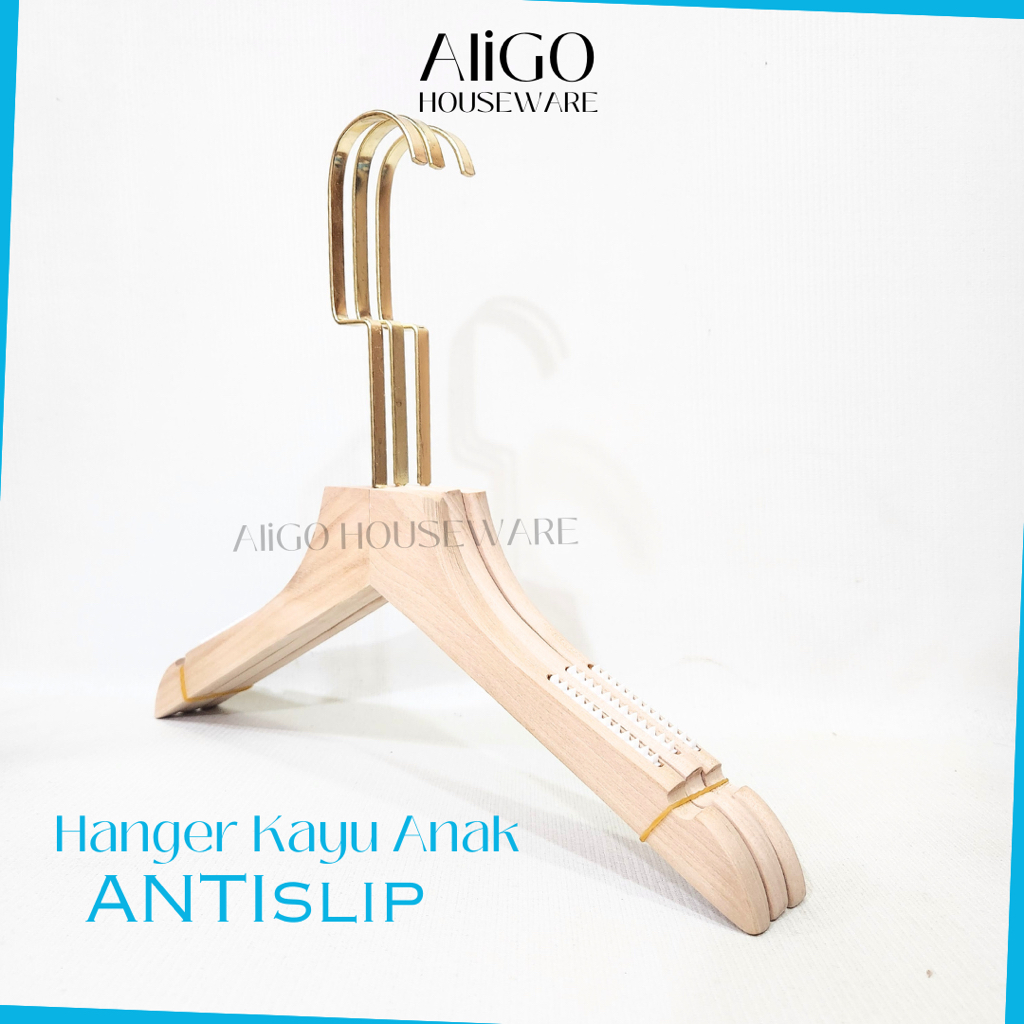 Jual ALIGO HANGER KAYU ANAK IMPORT NATURAL ANTISLIP HOOK GOLD ( KR ...
