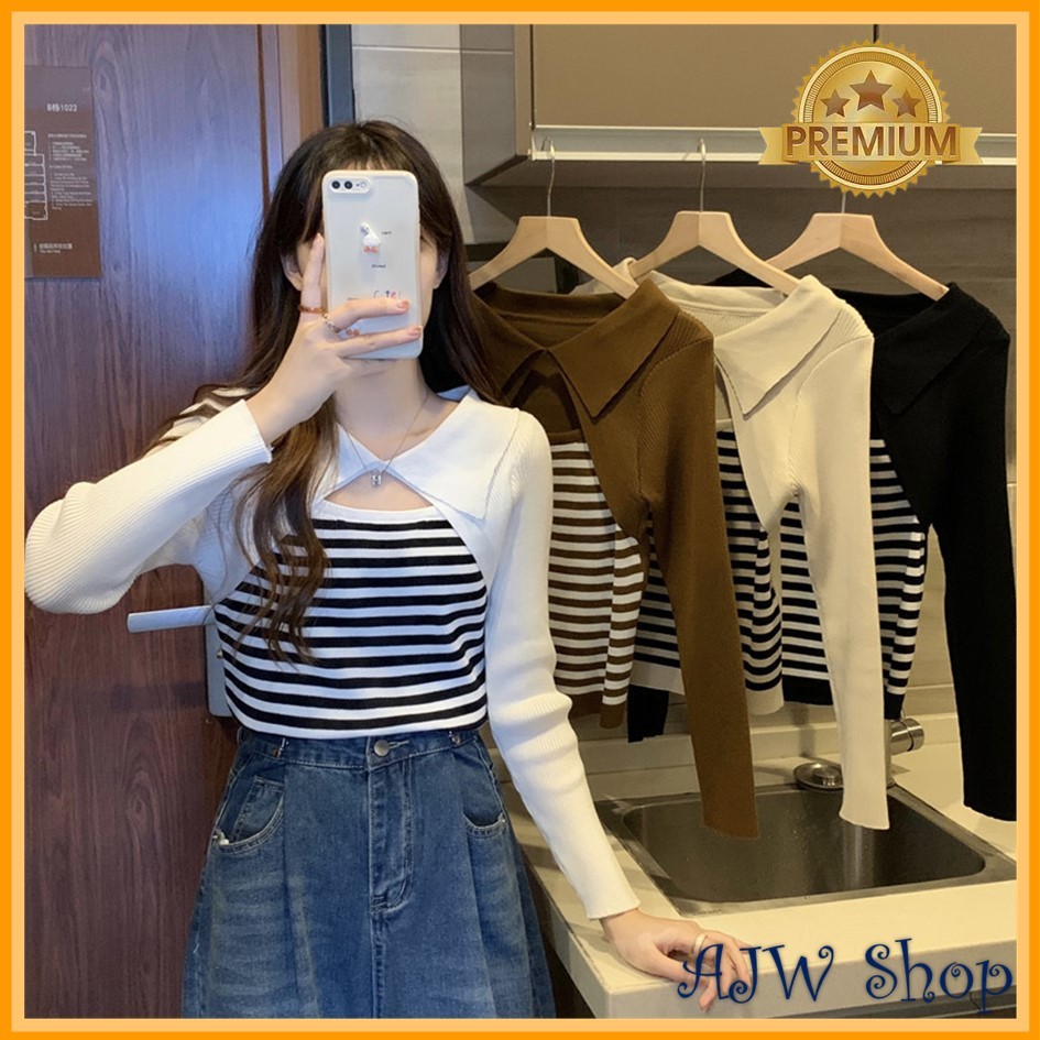 Jual AJW Atasan Wanita Kerah Offshoulder Two Tone Lengan Panjang XCB | Atasan Wanita V-Neck Knit ...