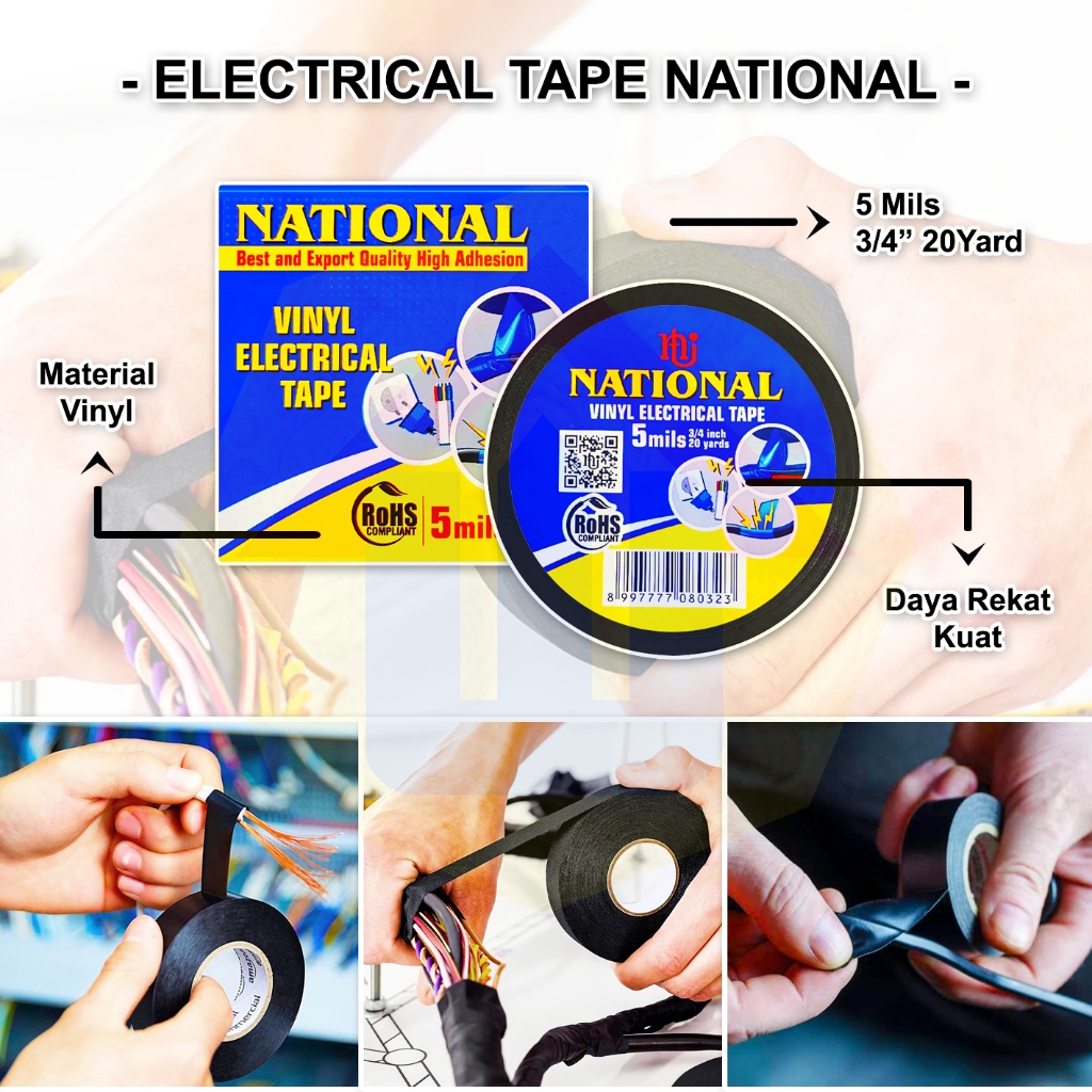 Jual VINYL ELECTRICAL TAPE NATIONAL 5 MILS 3/4 INCH 20 YARDS - ISOLASI ...