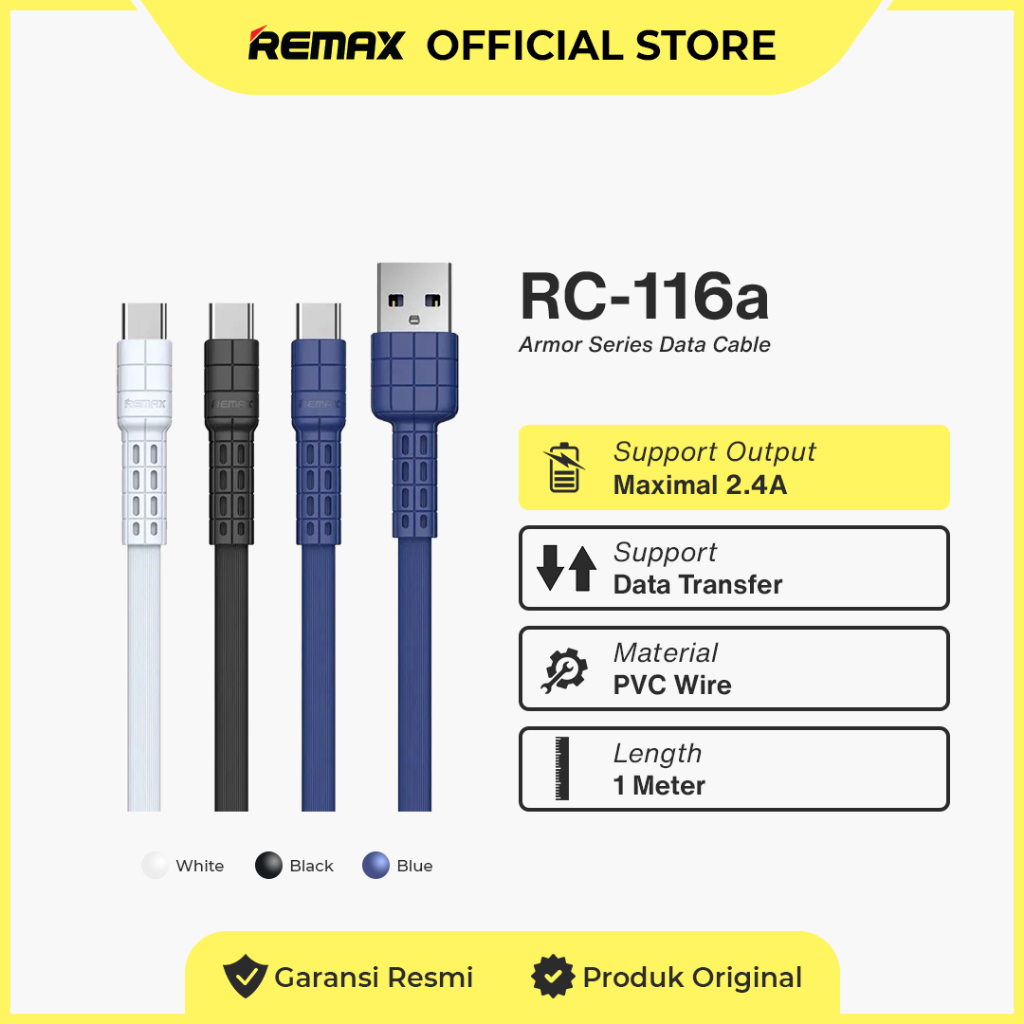 Jual Remax Data Cable For Type-C 2,4Ampere PVC Wire Material 1M RC-116a ...