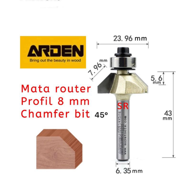 Jual Mata Router/ Profil 8mm (1/4×5/16) Chamfer Bits 45 Derajat ARDEN ...