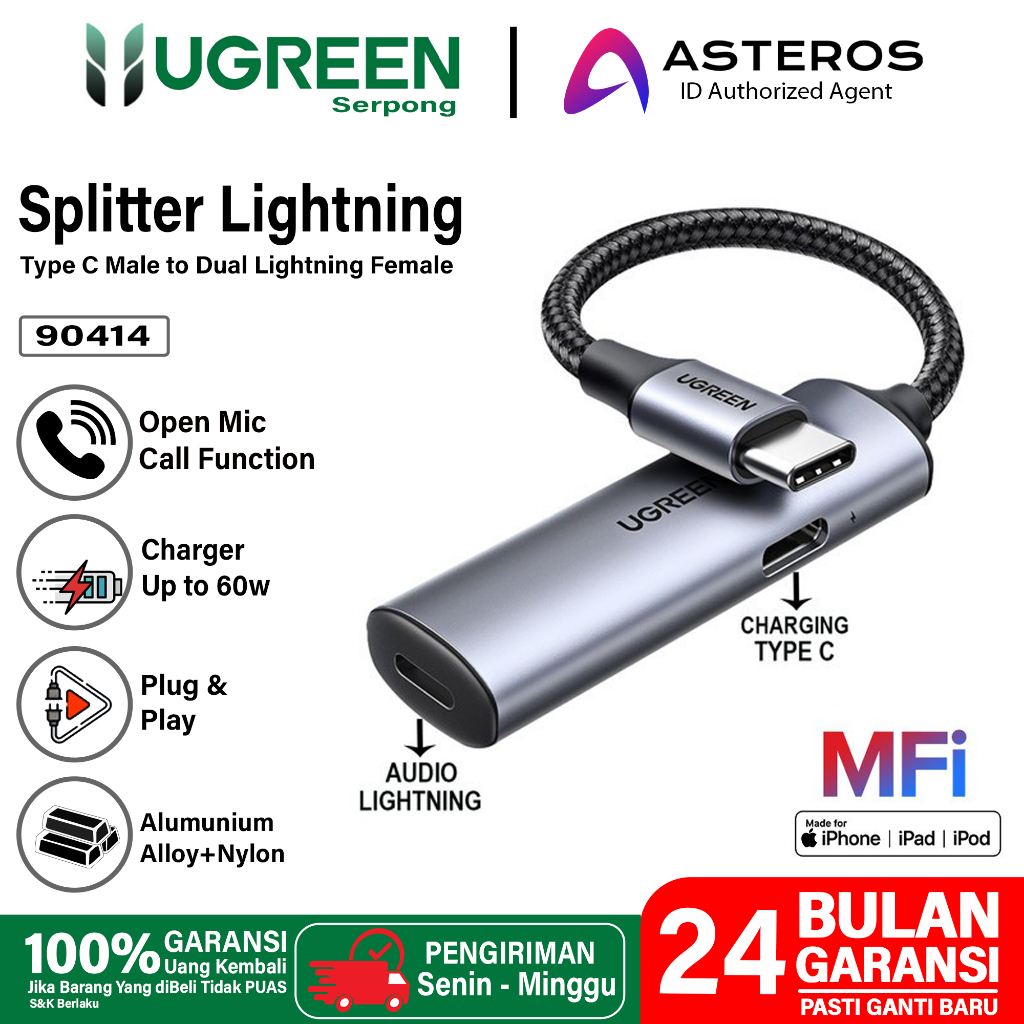 Jual UGREEN Converter Splitter Mfi Type C To Lightning Open Mic Audio Call Charging | Shopee ...