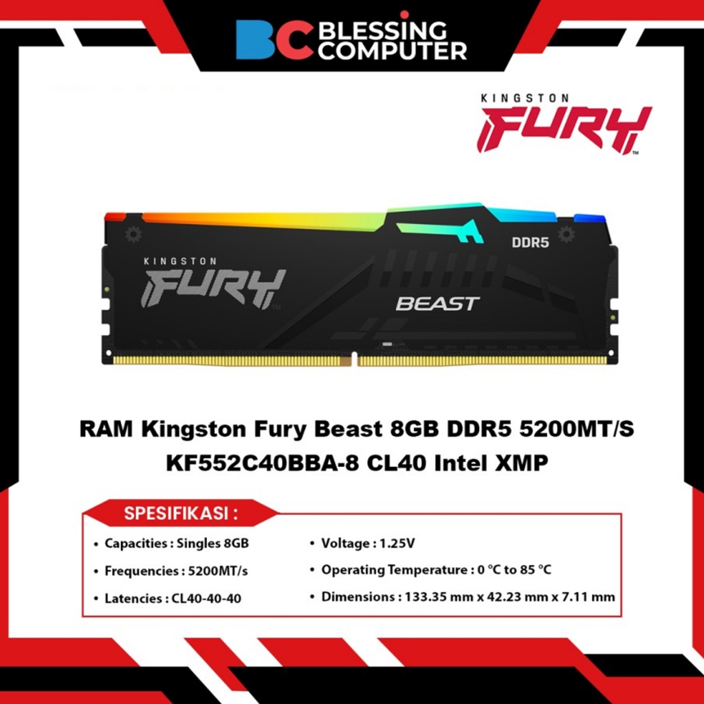 Jual RAM Kingston Fury Beast 8GB DDR5 5200MT/S KF552C40BBA-8 CL40 Intel XMP | Shopee Indonesia