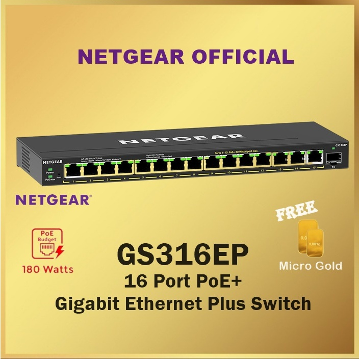 Jual Netgear GS316EP 16 Port PoE+ Gigabit Ethernet Plus Switch + 1 SFP ...