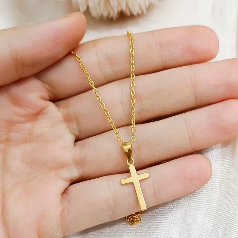 Jual set kalung dan liontin salib plat polos elegant emas asli | Shopee ...