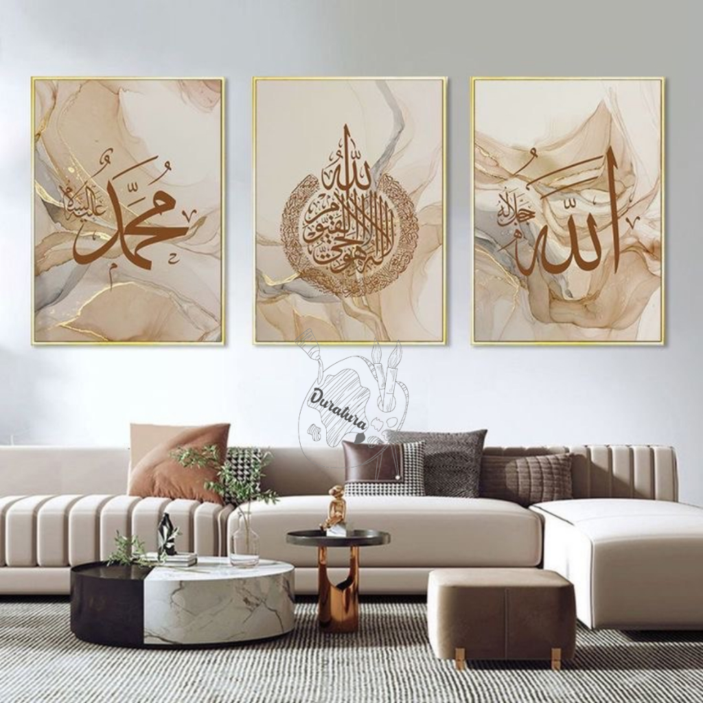 Jual lukisan kaligrafi gold latar abstrak gold coklat 3 Frame/lukisan ...