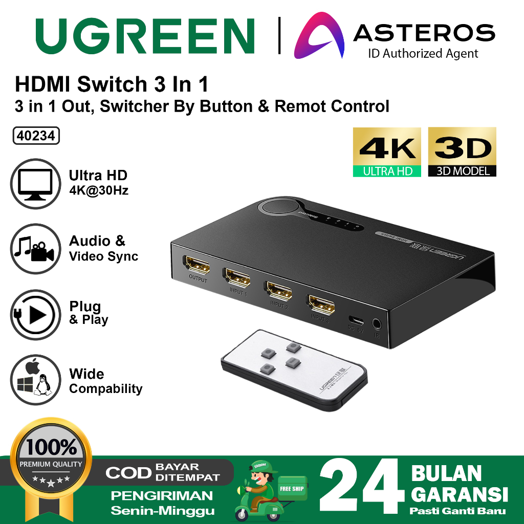 Jual UGREEN HDMI Switcher 3 in 1 Out 4K/3D with Remote 80125 | Shopee Indonesia
