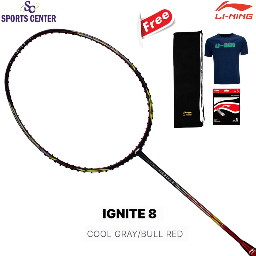 Jual New Full Set Raket Badminton Lining Ignite 8 Cool Gray / Bull Red ...