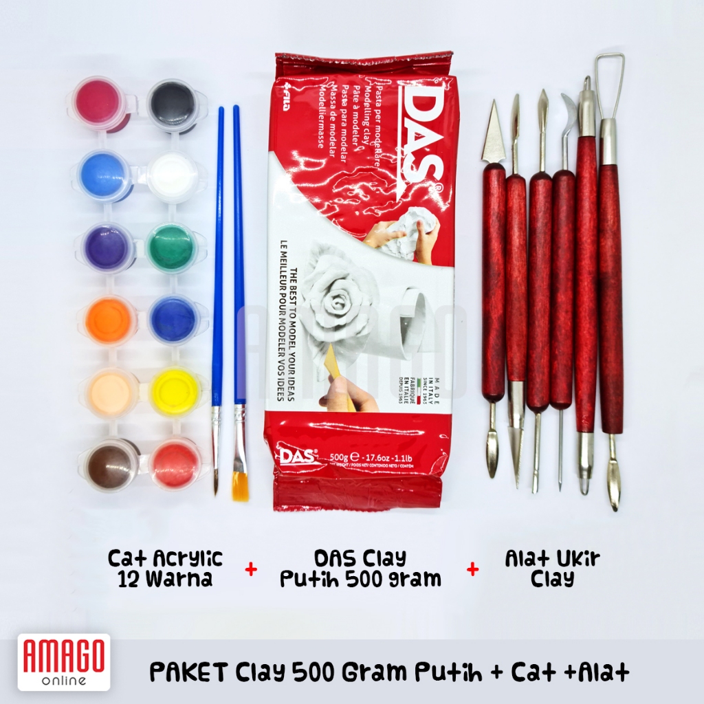 Jual PAKET lengkap DAS Clay 500 gram Putih + 6 bh Alat ukir + Cat ...