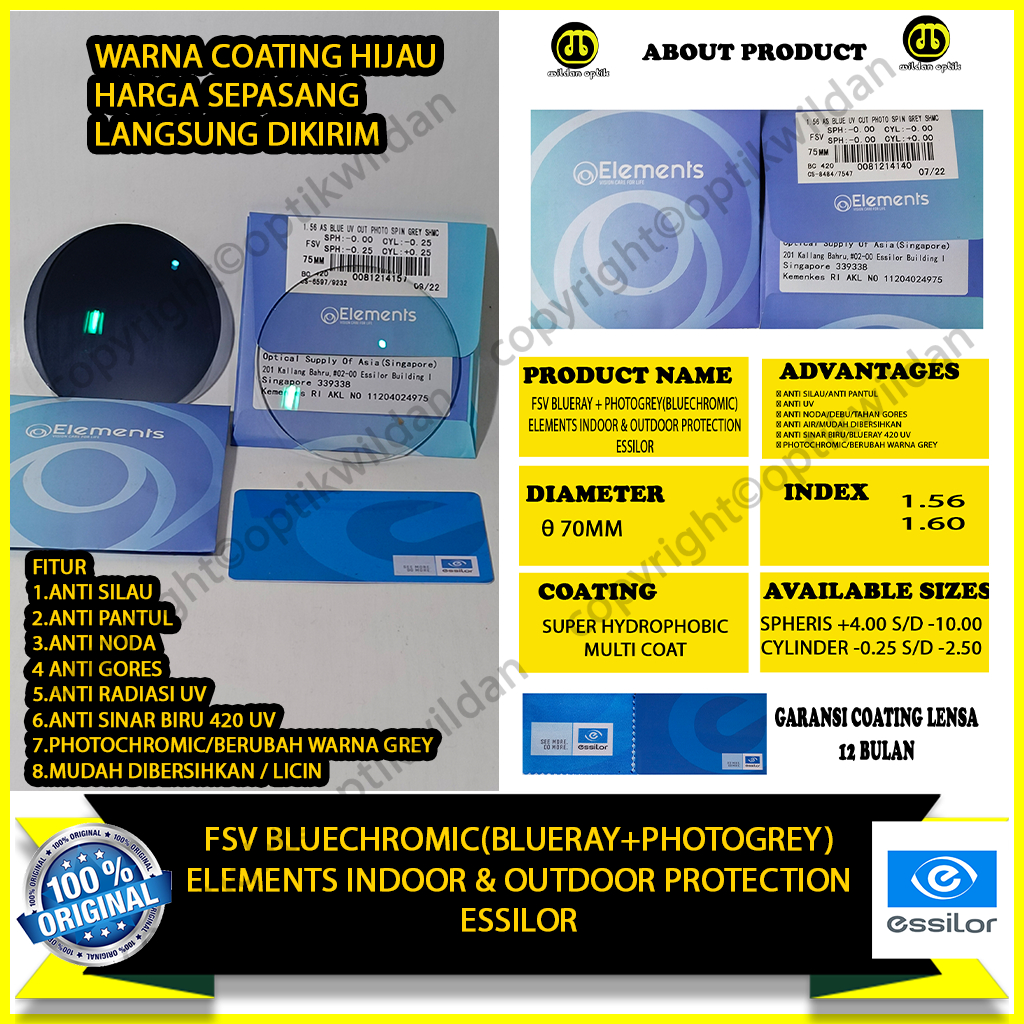 Jual ELEMENTS ESSILOR LENSA BLUECHROMIC FSV 1.56/1.6 UV420+PHOTOGREY INDOOR AND OUTDOOR ...
