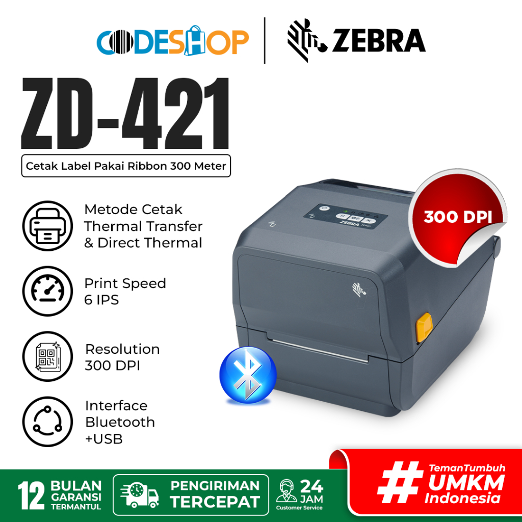 Jual Printer Barcode Zebra ZD421 300 DPI Print Stiker Label Bluetooth ...