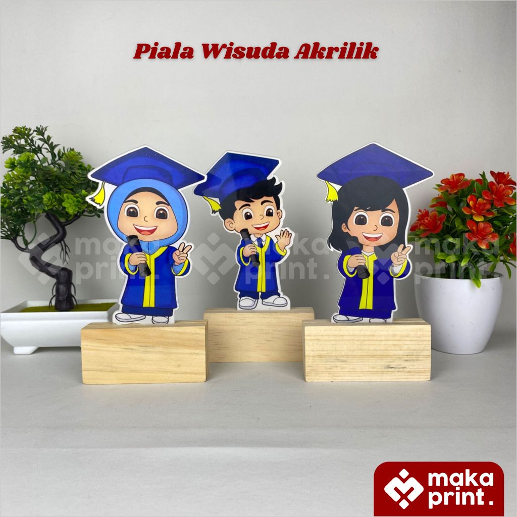 Jual Piala Wisuda Akrilik (Hijab Biru) Tatakan Kayu Free Stiker Nama ...