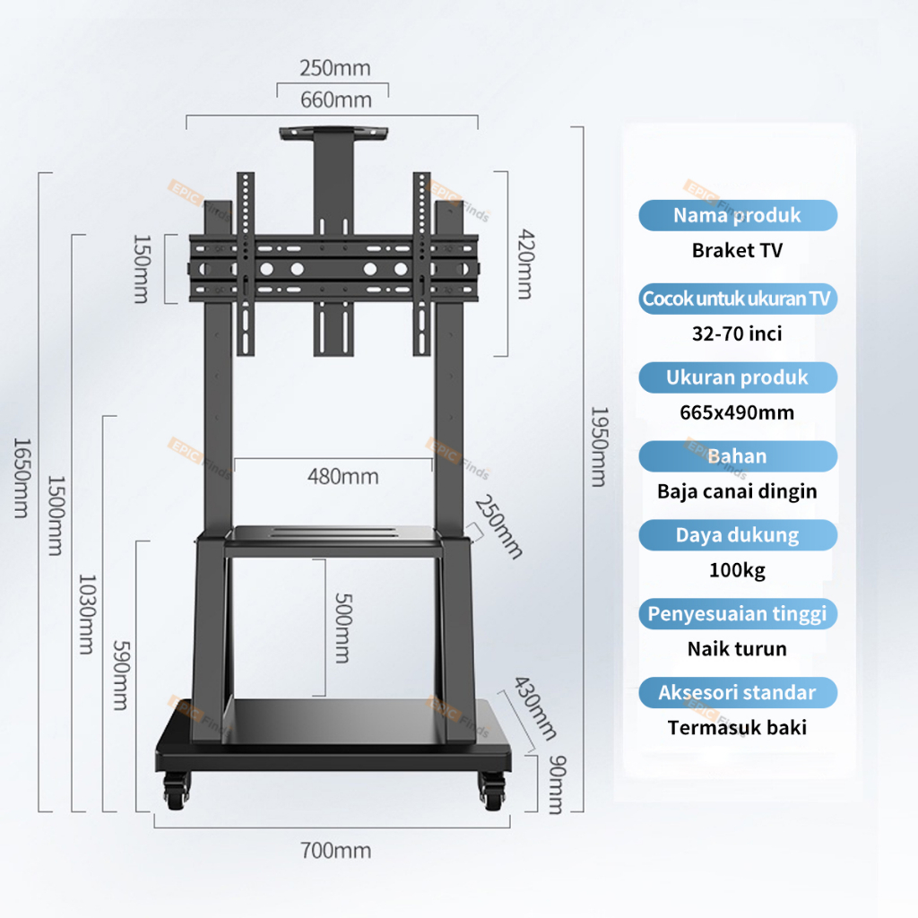Jual Epic Finds Bracket standing roda LED TV 32"- 85" + Tray,Braket TV ...