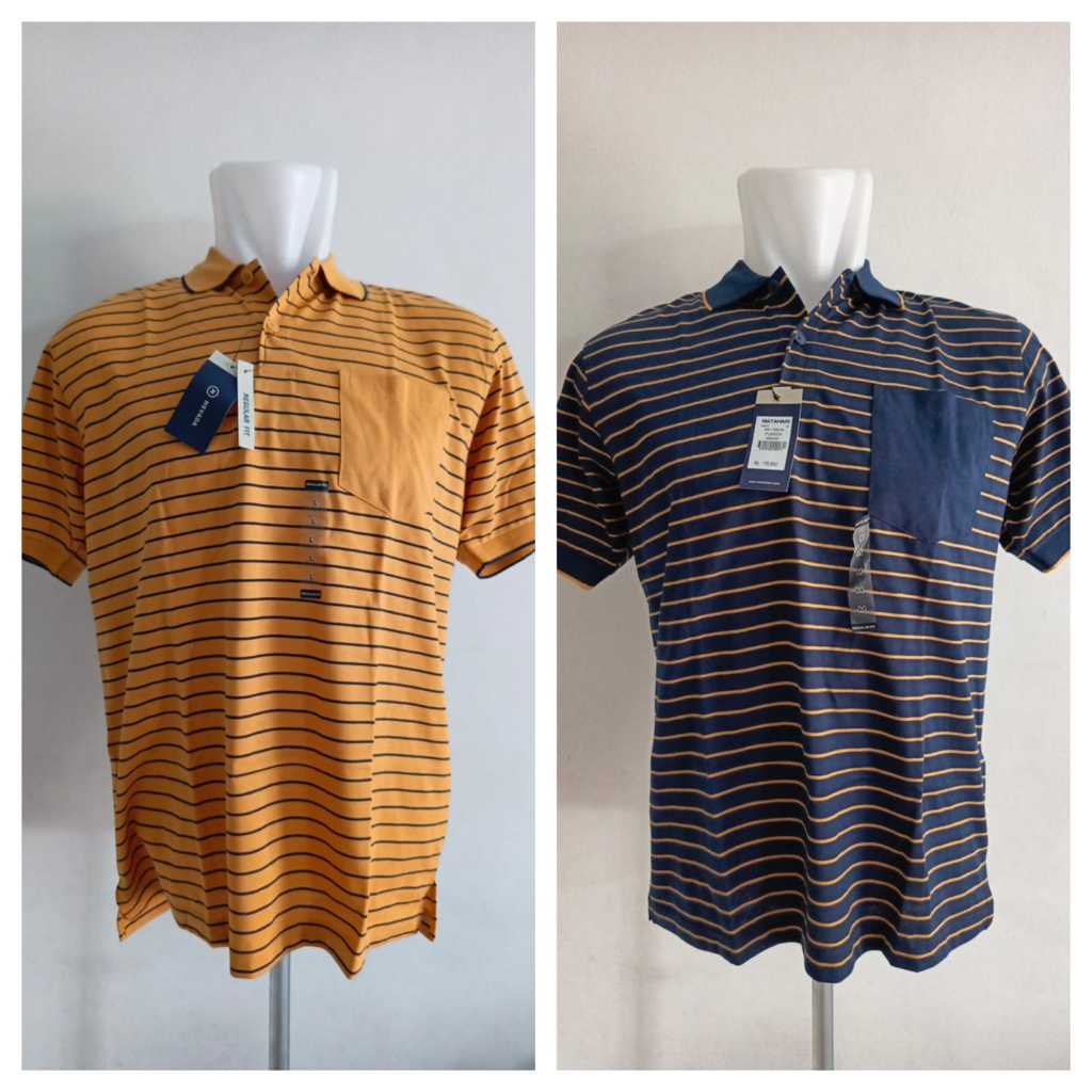 Jual M/L/XL-KAOS KERAH PRIA-REGULAR FIT-N3VAD4-NAVY-KUNING GARIS-GARIS ...