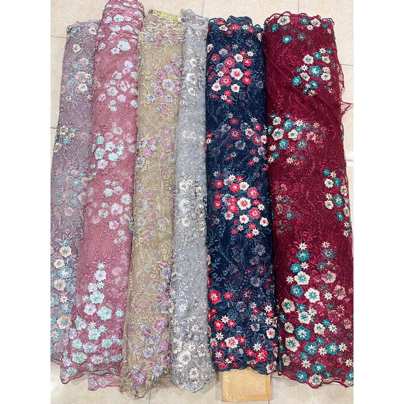 Jual tille multi color with pearl and stone / bahan tille brukat kebaya ...