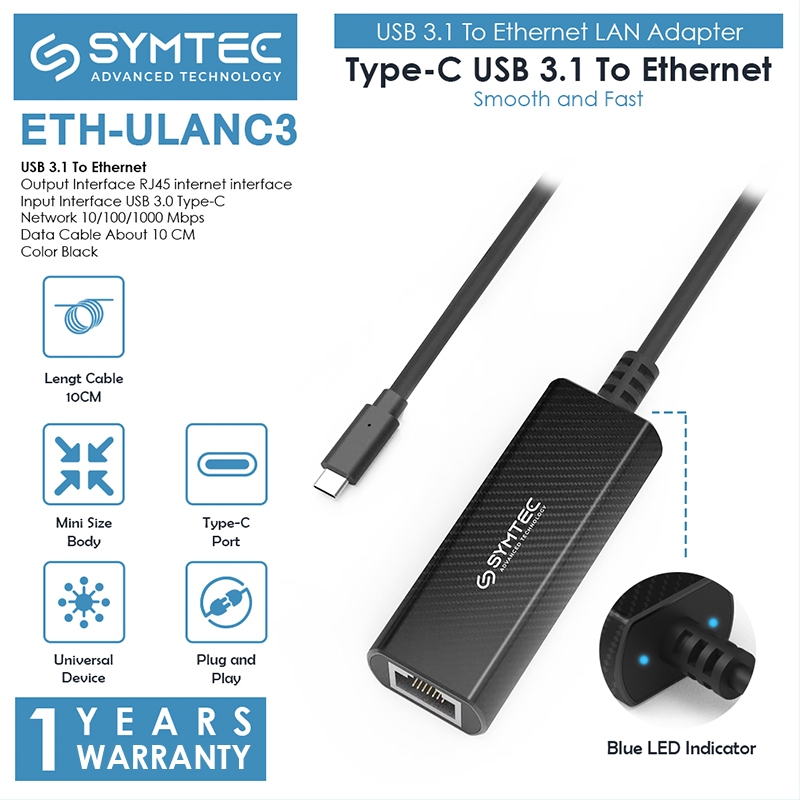 Jual SYMTEC Type-c USB 3.1 To Ethernet LAN Adapter Gigabit - ETH-ULANC3 ...