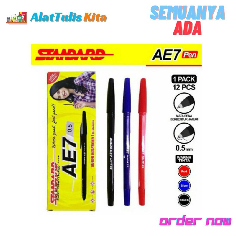 Jual (1 PACK) Pulpen / Bolpoint / Bulpen Standart/ Standard AE7 Warna Hitam, Merah, Biru ...