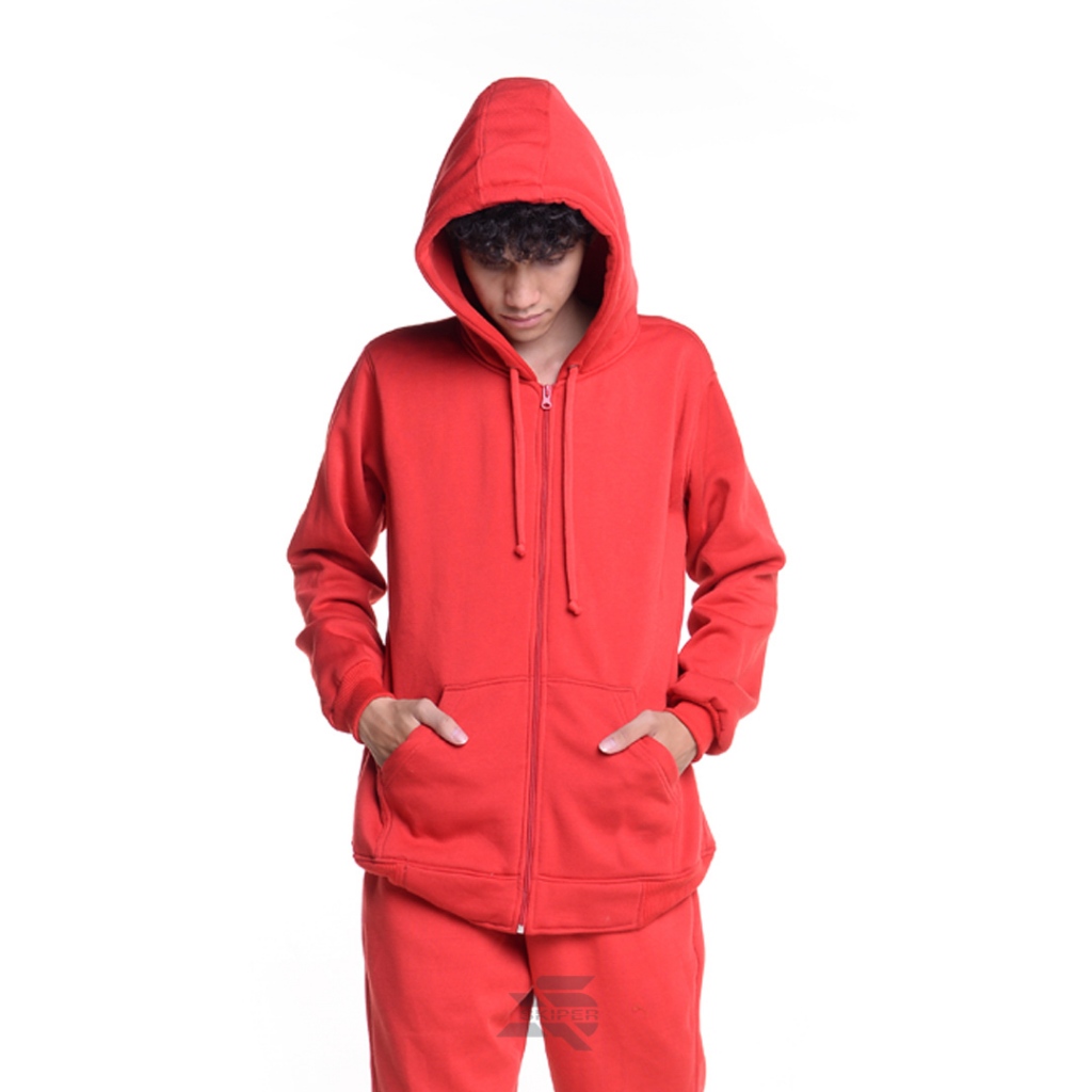 Jual Sweater Ziper Hoodie Pria Wanita Unisex Basic Polos Tebal MERAH ...