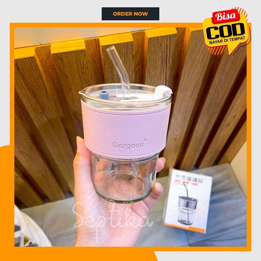Jual Botol Minum Kaca Bening Aesthetic Bottle Tumbler 400 ml Gelas Coffee Cup Botol Anti Slip ...