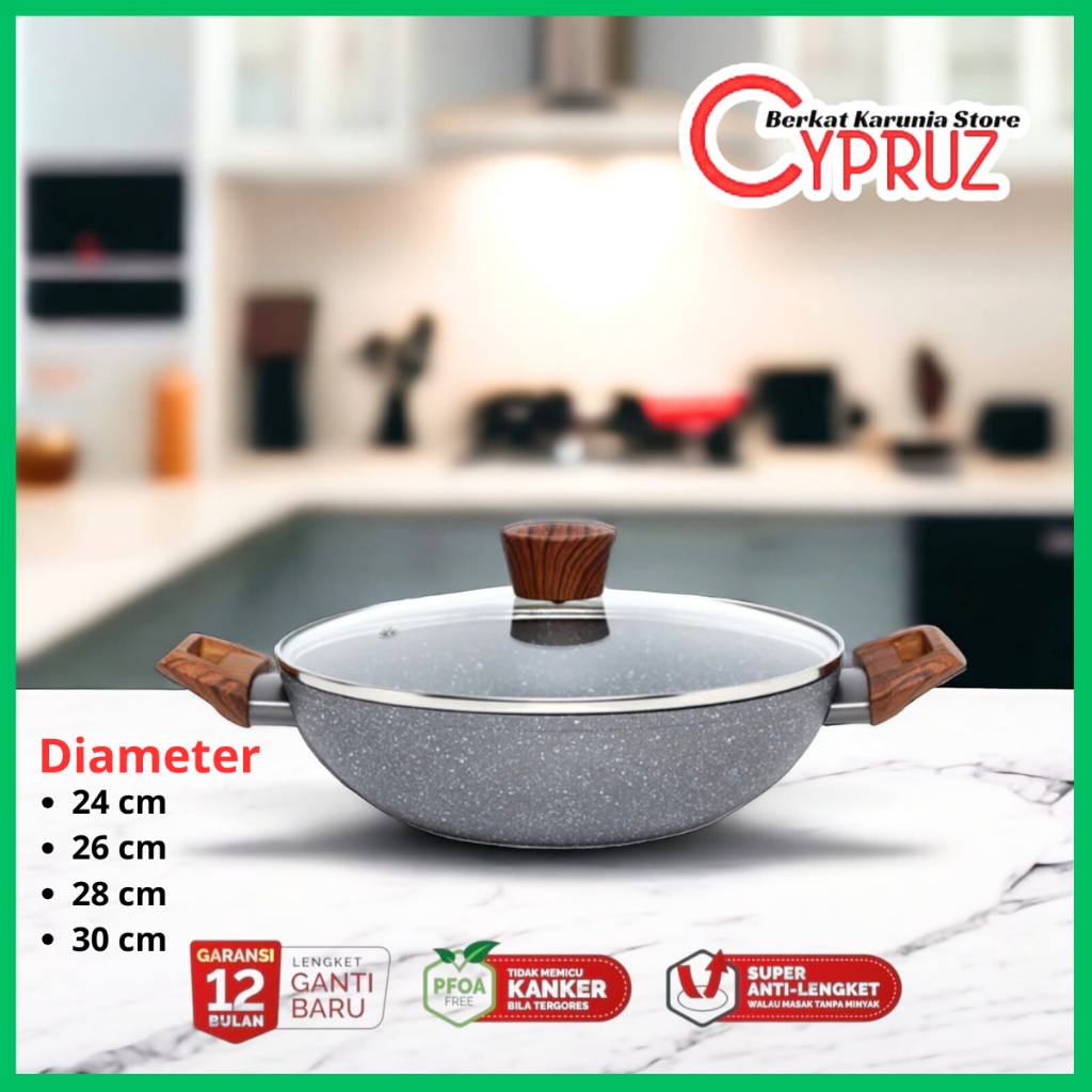 Jual cypruz kuali marble + tutup kaca panci anti lengket ukuran 24 - 30 cm | Shopee Indonesia