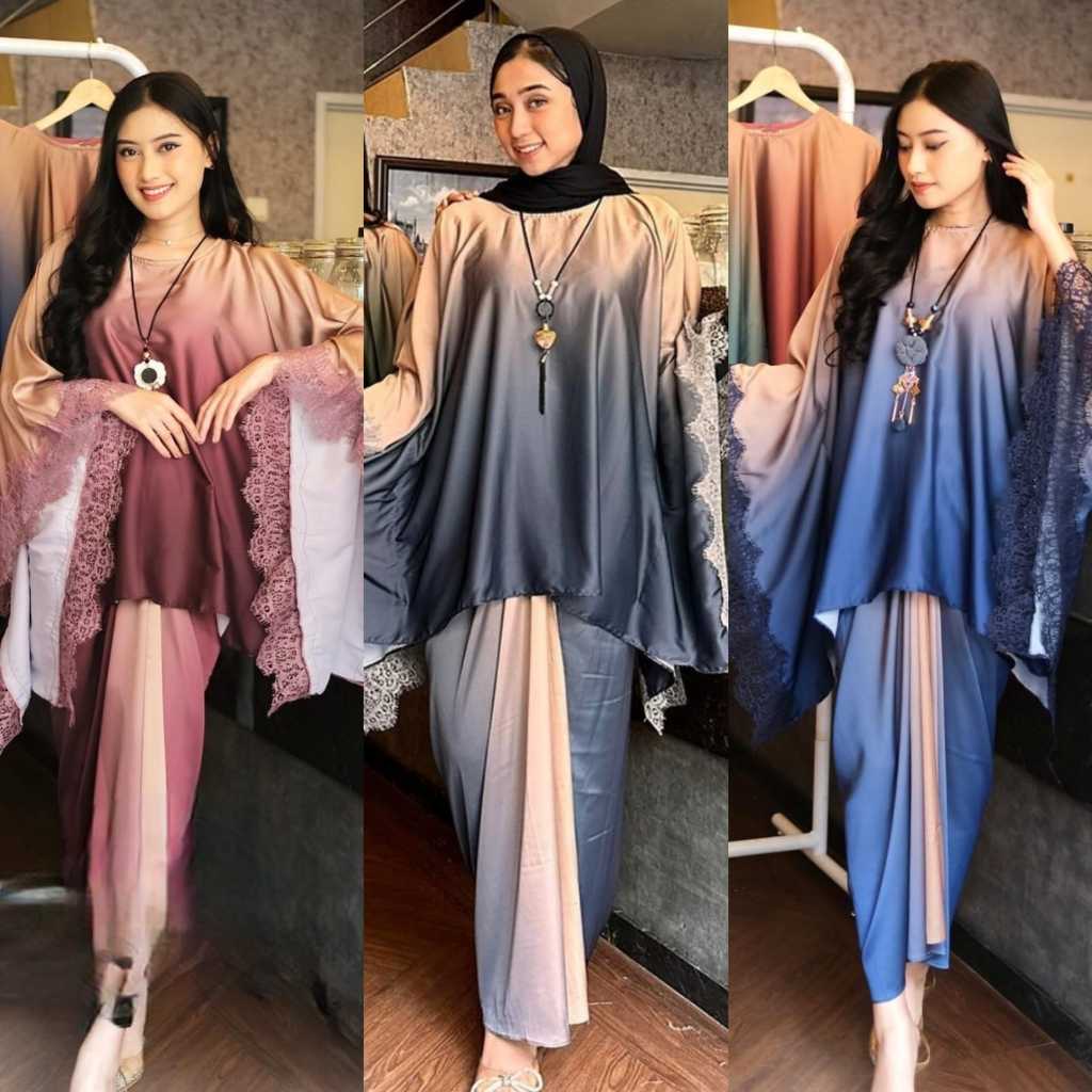 Jual Alina Dress Setelan Bahan Silk Ombre Mix Renda Gamis Gradasi Model ...