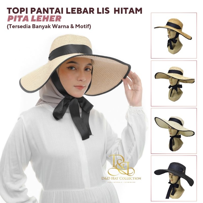 Jual Topi Pantai Lebar Lis Hitam Pita Leher | Shopee Indonesia