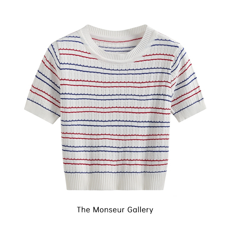 Jual The Monseur Gallery Kaos Rajut Lengan Pendek Wanita Striped T-shirt Korean Style | Shopee ...