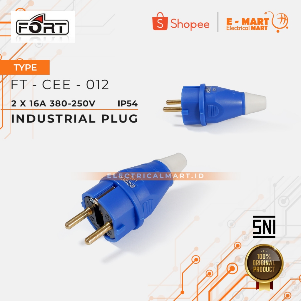 Jual Fort Industrial PLUG CEE-012 2x16A Steker 2 kaki Male CEE 012 ...
