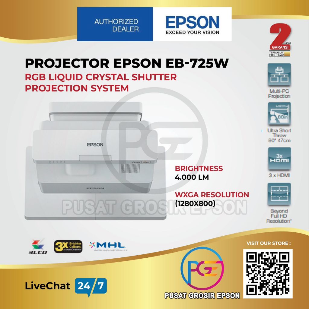 Jual Projector Epson EB-725W EB725W EB 725W WXGA 4000 Lumens | Shopee ...