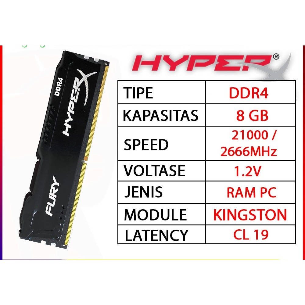 Jual RAM KINGSTON HYPERX FURY DDR4 8GB 2666MHz 21300 GAMING RAM PC DDR4 ...
