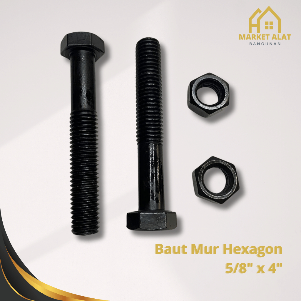 Jual Baut Mur Hexagon 5/8 x 4 UNC Baja Hitam Kunci 24 / Full Set Baut Hex Besi Hitam Drat Kasar ...