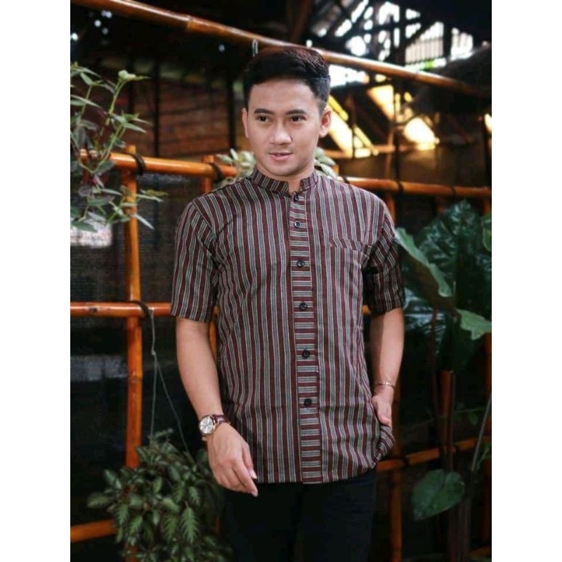 Jual baju adat jawa kemeja surjan lurik pria lengan pendek bahan katun ...