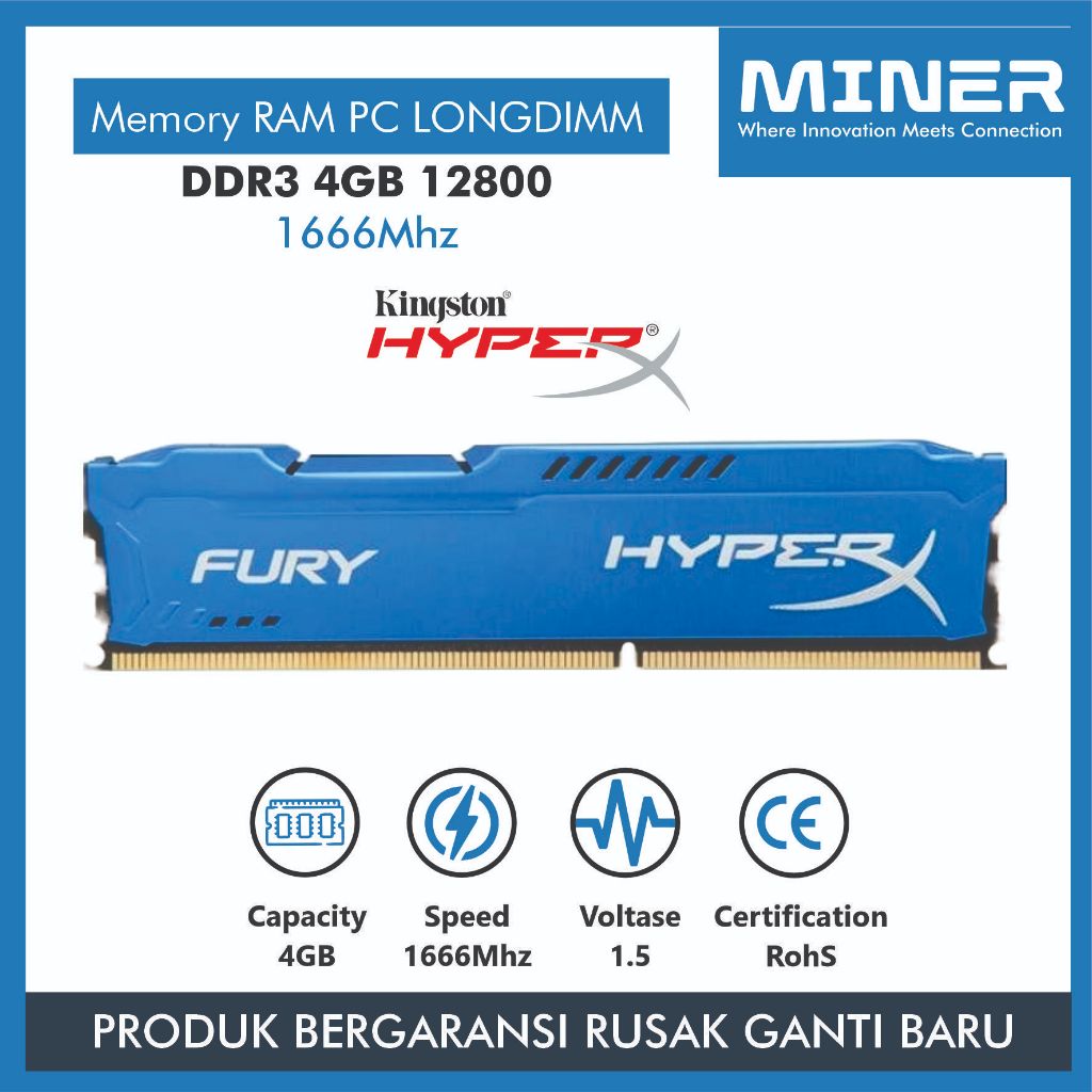 Jual MINER Memory RAM PC Hyper X Fury Longdimm DDR3 4GB PC12800 1666Mhz ...