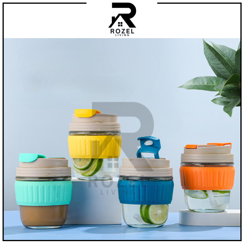 Jual ROZEL Gelas Tumbler Kaca Bening Dengan Tutup Anti Tumpah Free ...