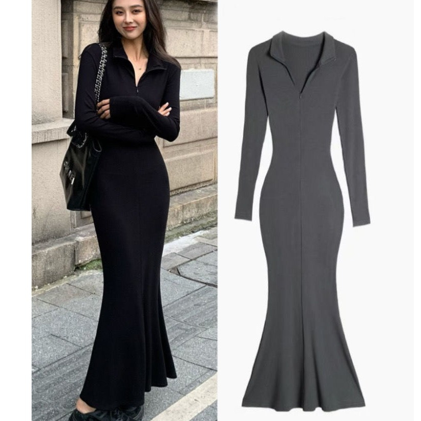 Jual KeyGirl Dress korean style hitam wanita V-neck/Casual Maxi Dress ...