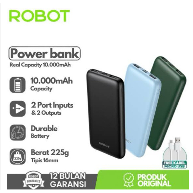 Jual PowerBank ROBOT 10000mah RT 12 2.4A Dual Input Port Type C & Micro ...