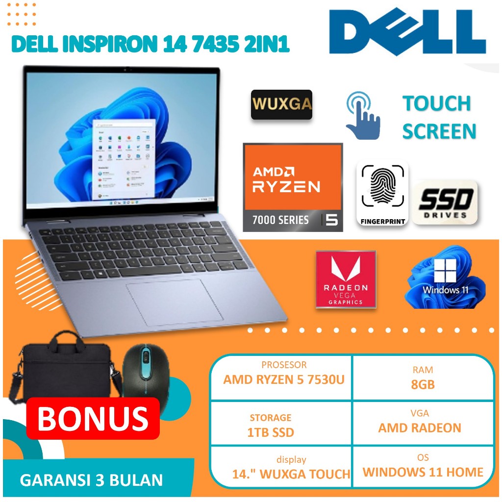 Jual Laptop 2in1 Dell Inspiron 14 7435 Ryzen 5 7530U 8Gb 1Tb Grey Like ...