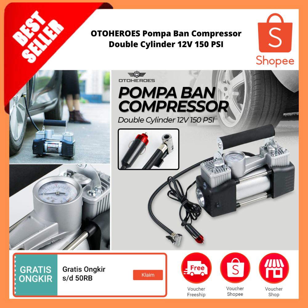Jual Pompa Ban Compressor Double Cylinder 12V 150 PSI / Inflator Ban ...