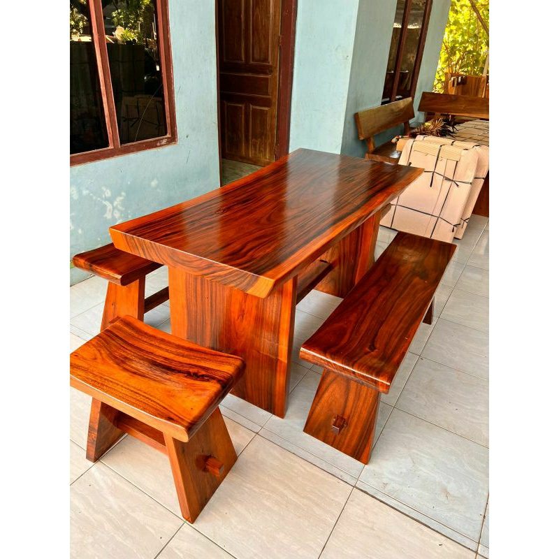 Jual MEJA MAKAN KAYU TREMBESI SOLID BANGKU PANJANG / MEJA CAFE / MEJA ...
