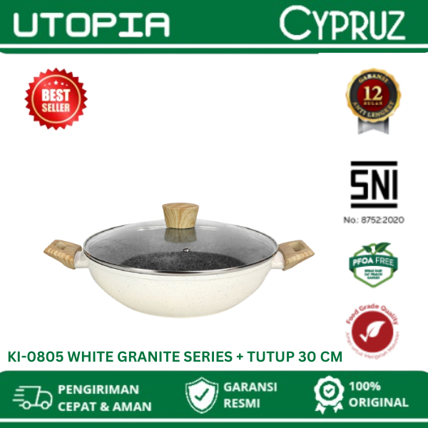 Jual Cypruz KI-0805 Wajan Kuali Tebal Anti Lengket Wok Pan White Granite Series Dengan Tutup ...