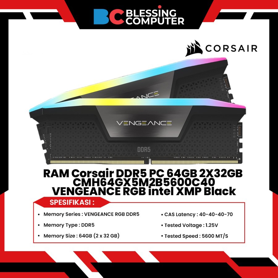 Jual RAM Corsair DDR5 PC 64GB 2X32GB CMH64GX5M2B5600C40 VENGEANCE RGB ...